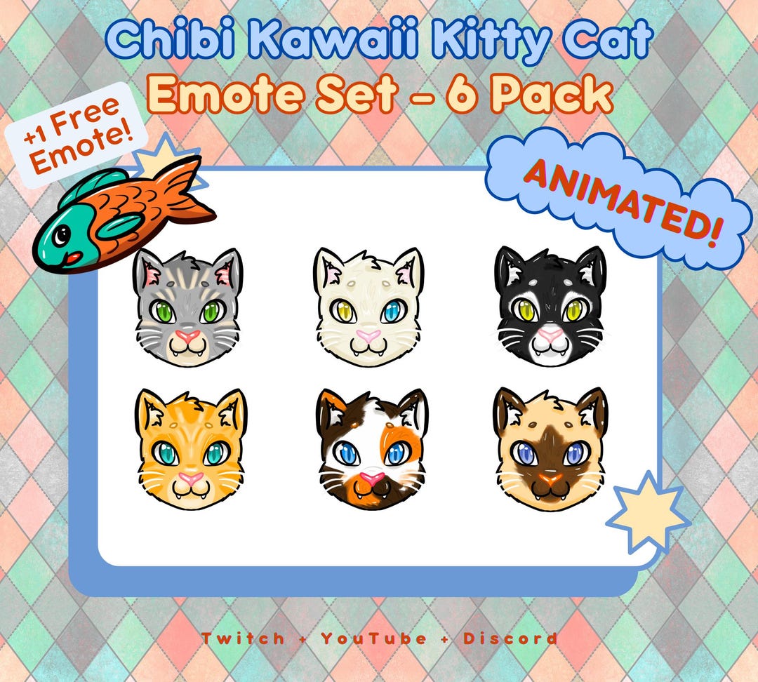 Chibi Kawaii Kitty Cat Animated Spinning Emote Set of 6 + 1 Free Salmon ...