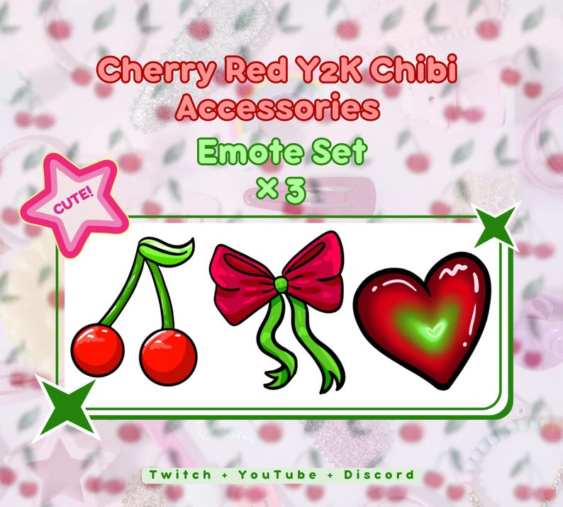 Cherry Red Y2K Kawaii Chibi Accessories (cherry, Bow, Heart) Emote Set ...