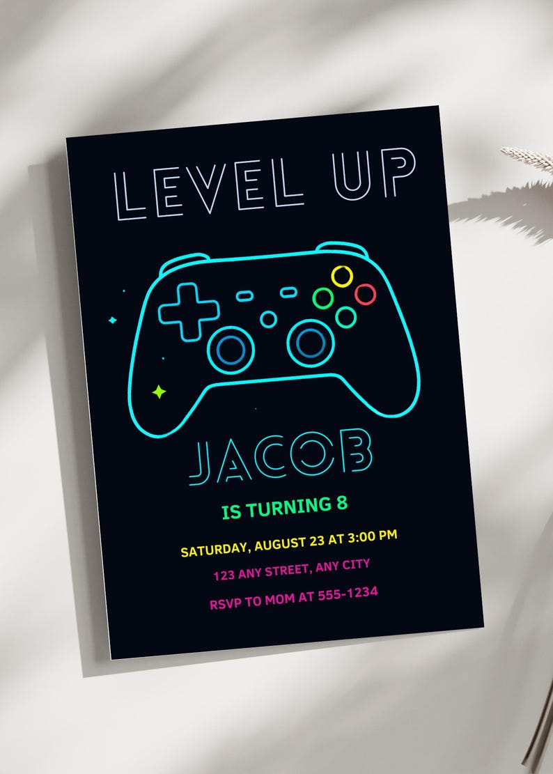 Video Game Birthday Invitation, Neon Controller, Level up Party ...
