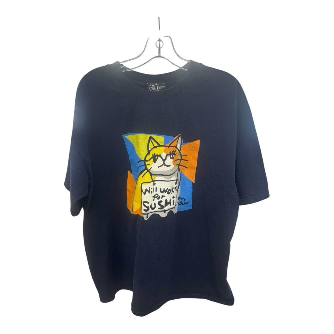Vintage Michael Leu Black Blue XL Cat Will Work for Sushi T-shirt Pets ...