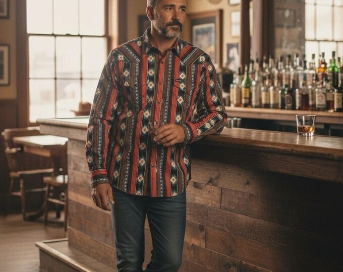 Vintage Wrangler Retro Aztec AOP Men's XL Western Pearl Snap Striped ...