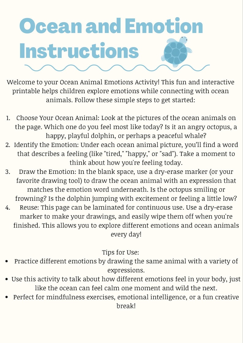 Ocean Animals Emotions Printable, Kids Drawing Emotion Activity, Ocean ...