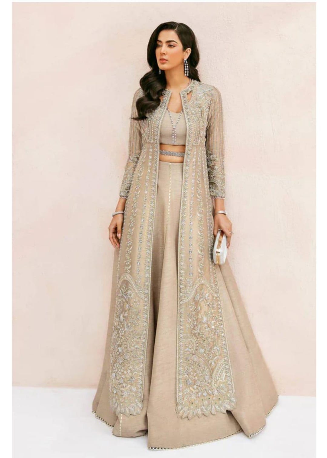 Hand Embroidered Pakistani Wedding Dress, Gold Tissue Silver Detail, - Etsy