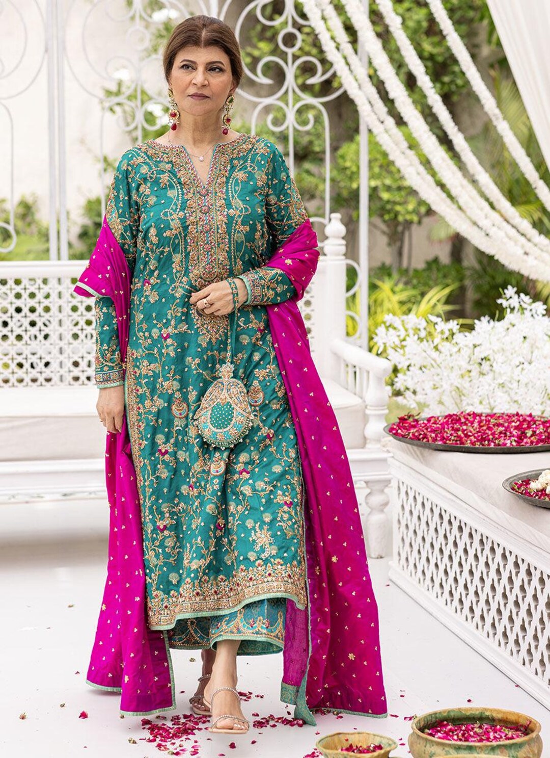 Handmade Pakistani Wedding Dress, Emerald Green Jamawar, Silk Dupatta ...