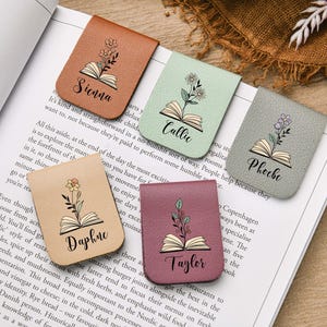 Leather Birth Flower Bookmark With Name, Custom Magnetic Bookmark With ...