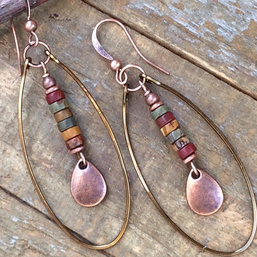 Jasper Teardrop Earrings Earthy Natural Stone Jewelry Copper Etsy