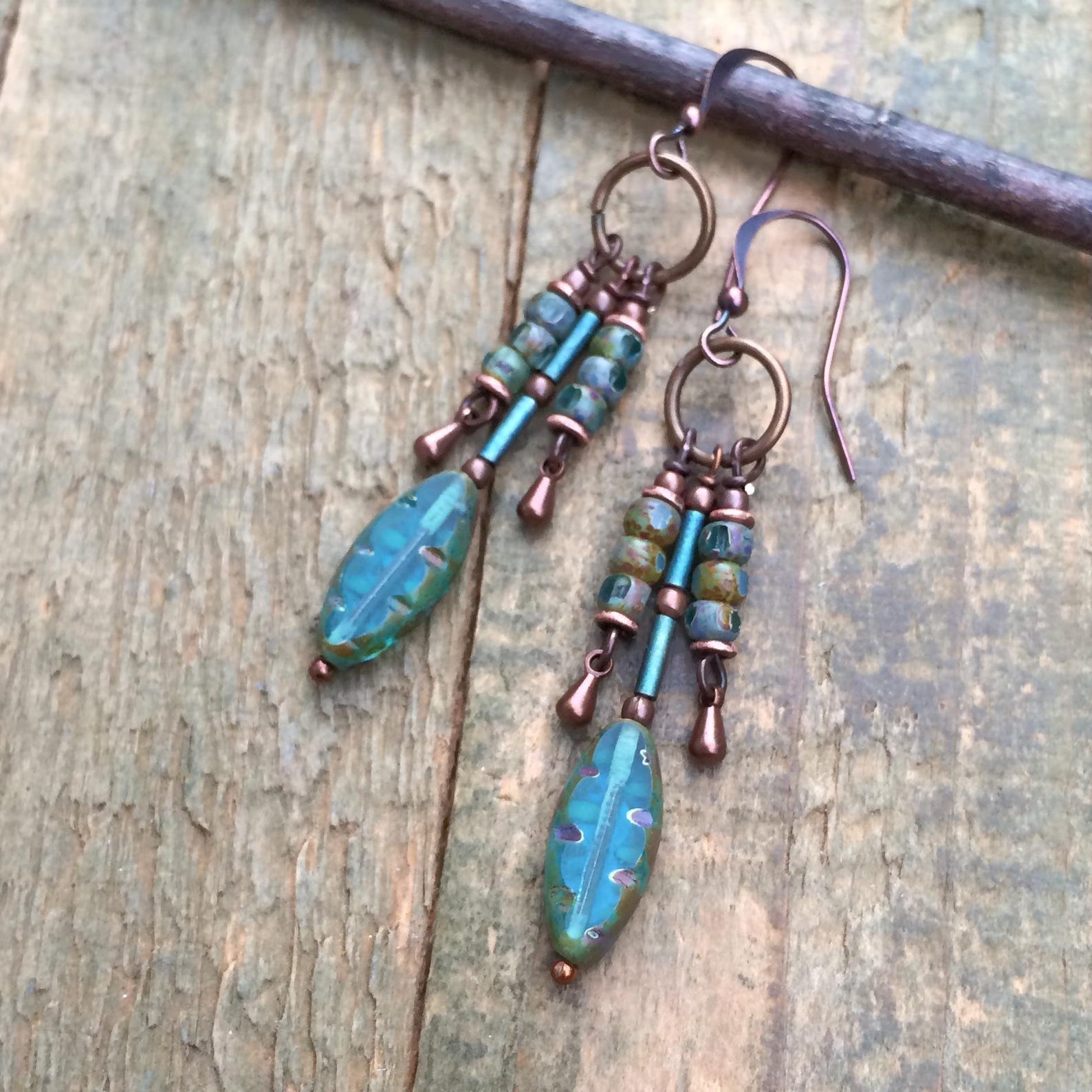 Blue Czech Glass Chandelier Earrings, Boho Handcrafted Jewelry - Etsy