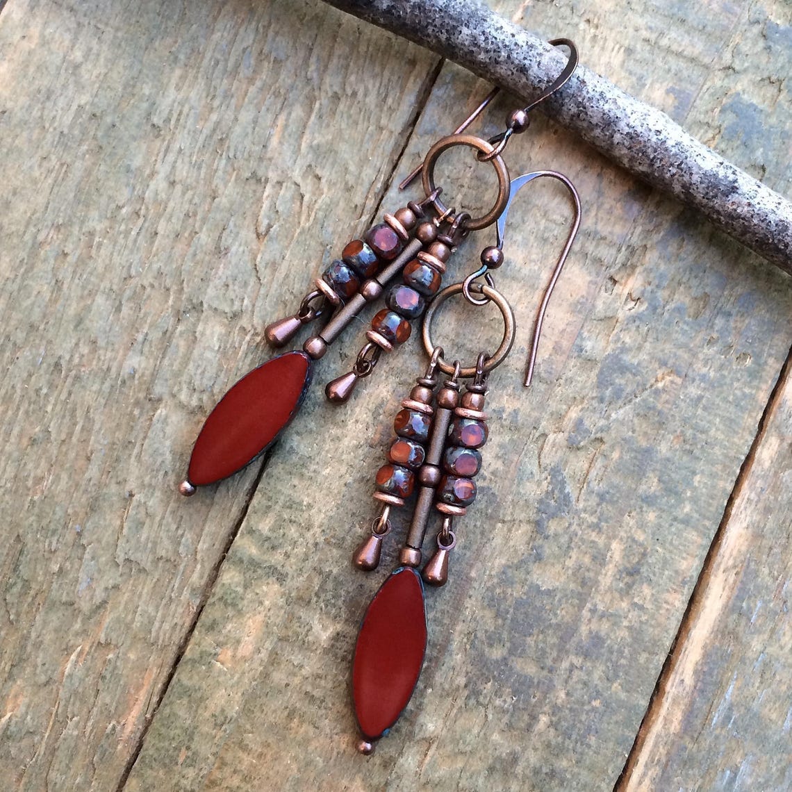 Red Czech Glass and Copper Earrings, Red Dangle Earrings, Glass ...