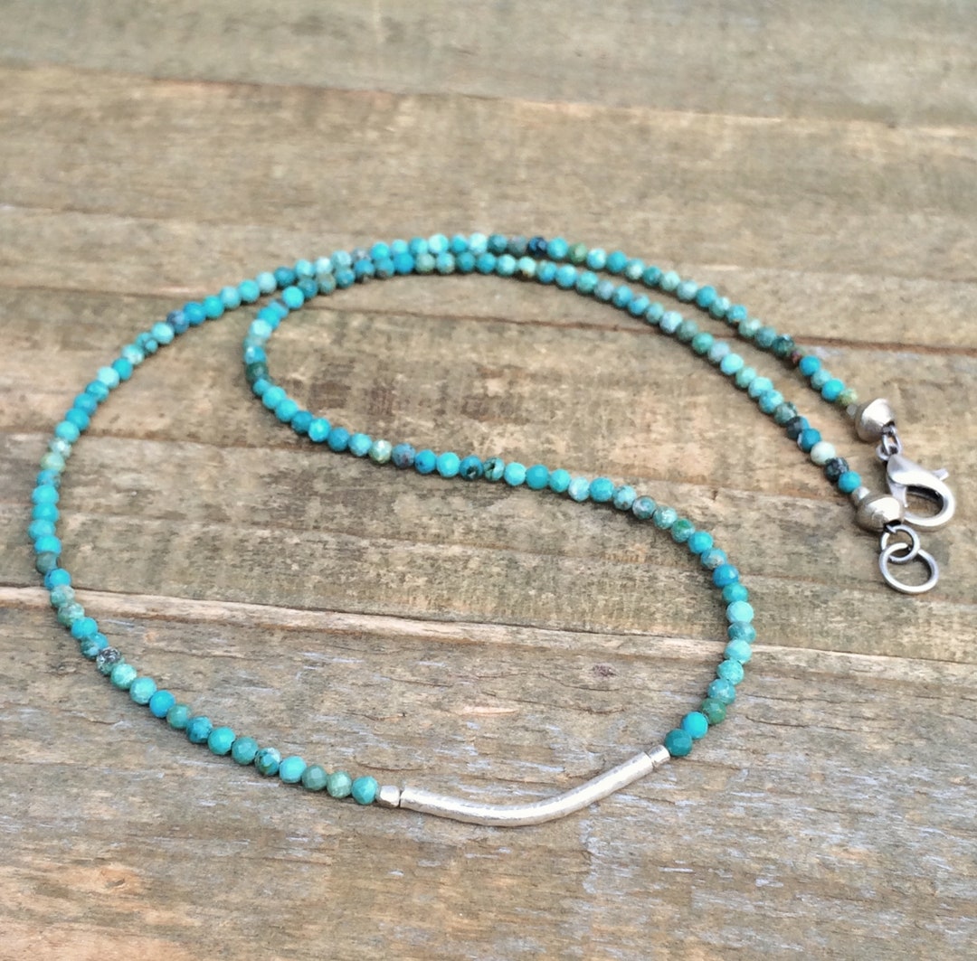 Hill Tribe Silver Turquoise Necklace, Tiny Turquoise Choker, Dainty ...