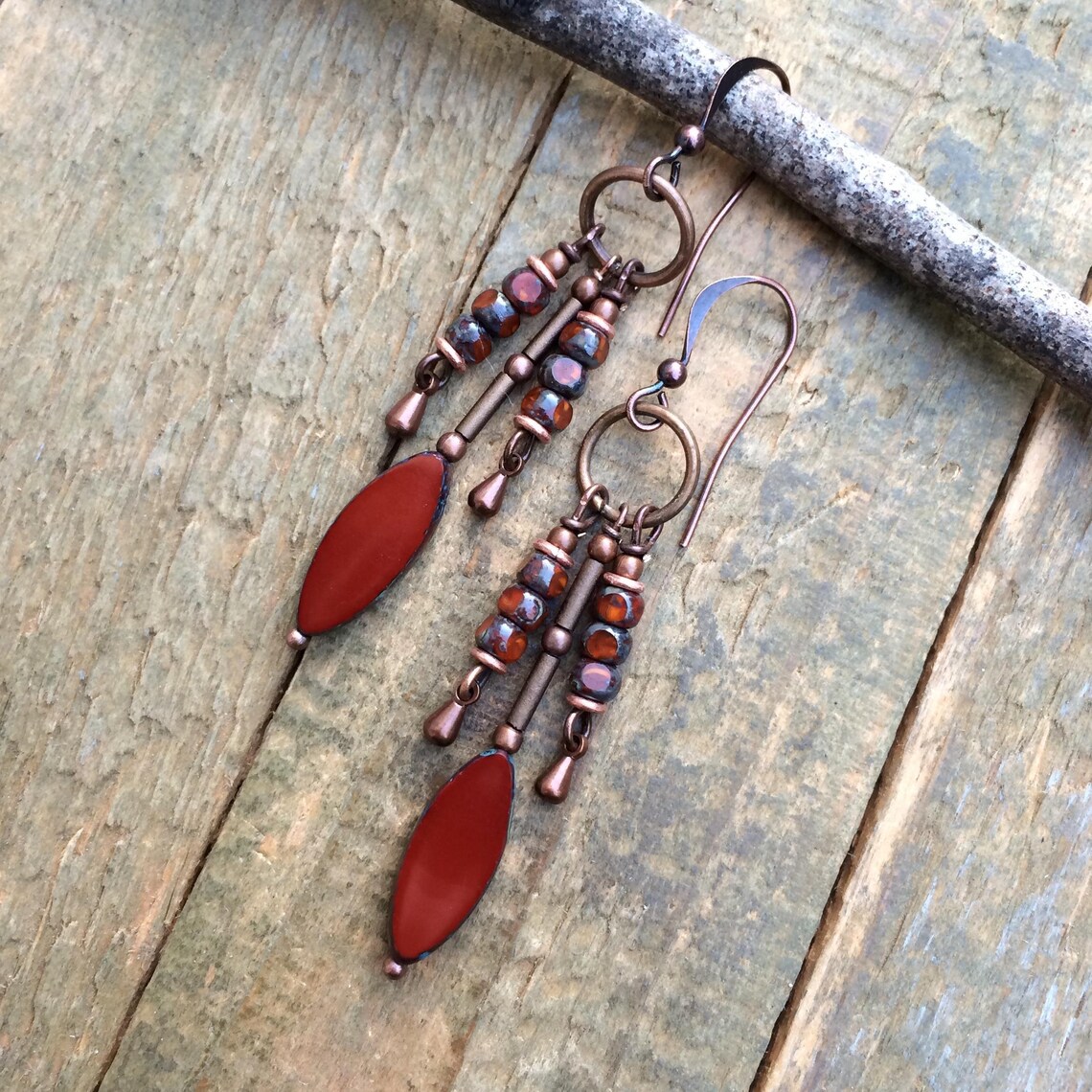 Red Czech Glass and Copper Earrings, Red Dangle Earrings, Glass ...
