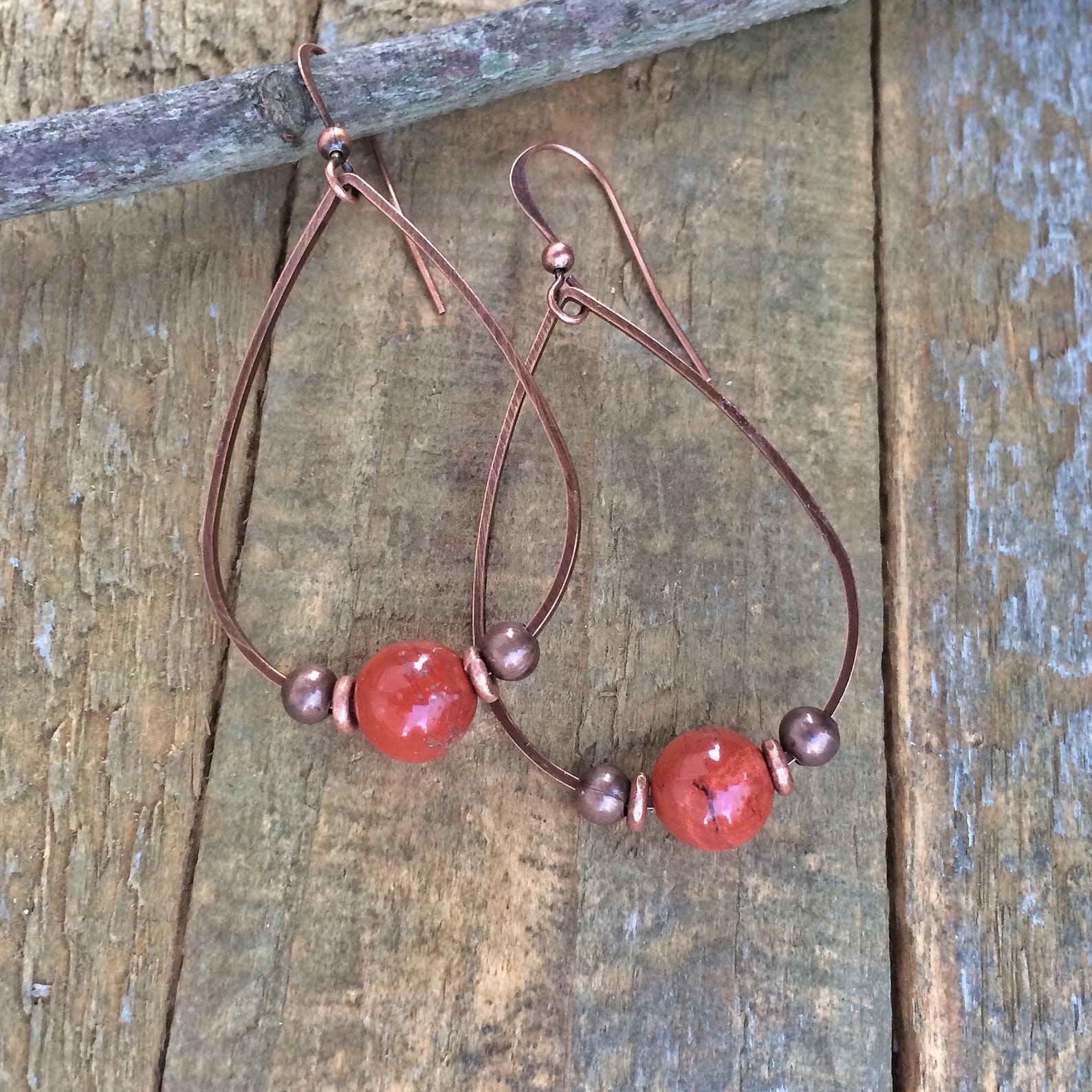 Red Jasper Teardrop Earrings Natural Stone Jewelry Copper Etsy