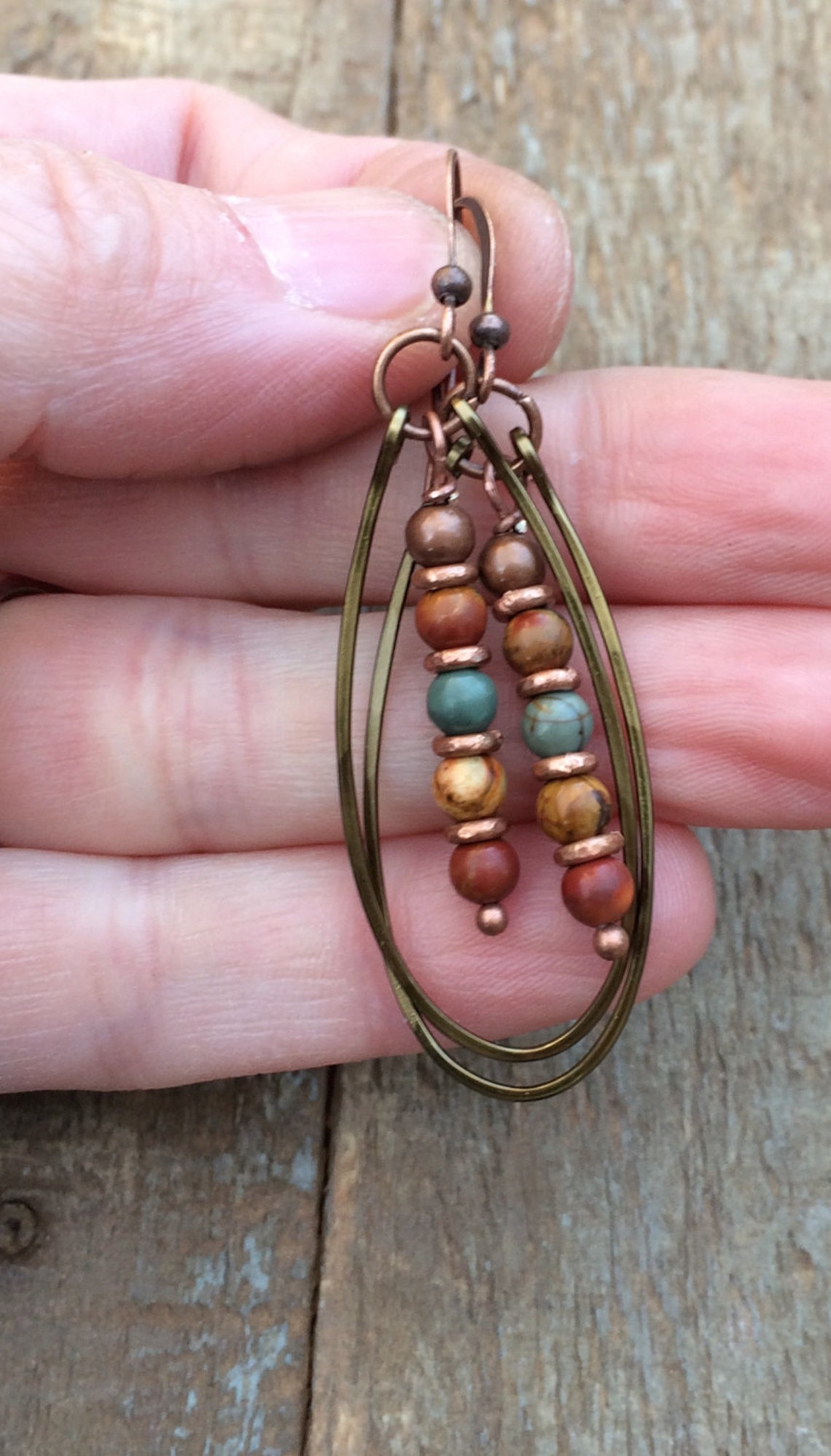 Boho Copper Hoop Earrings Red Creek Jasper Stone Earrings Etsy