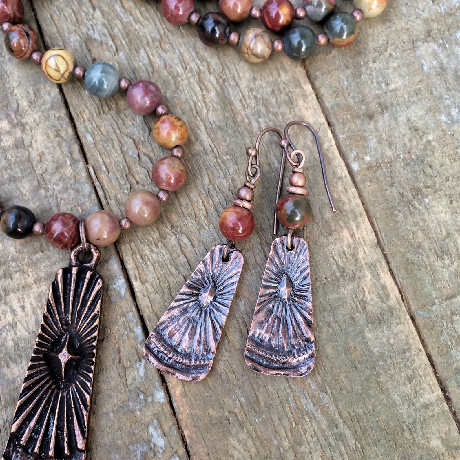 Long Boho Necklace, Colorful Stone Necklace Set, Red Creek Jasper ...