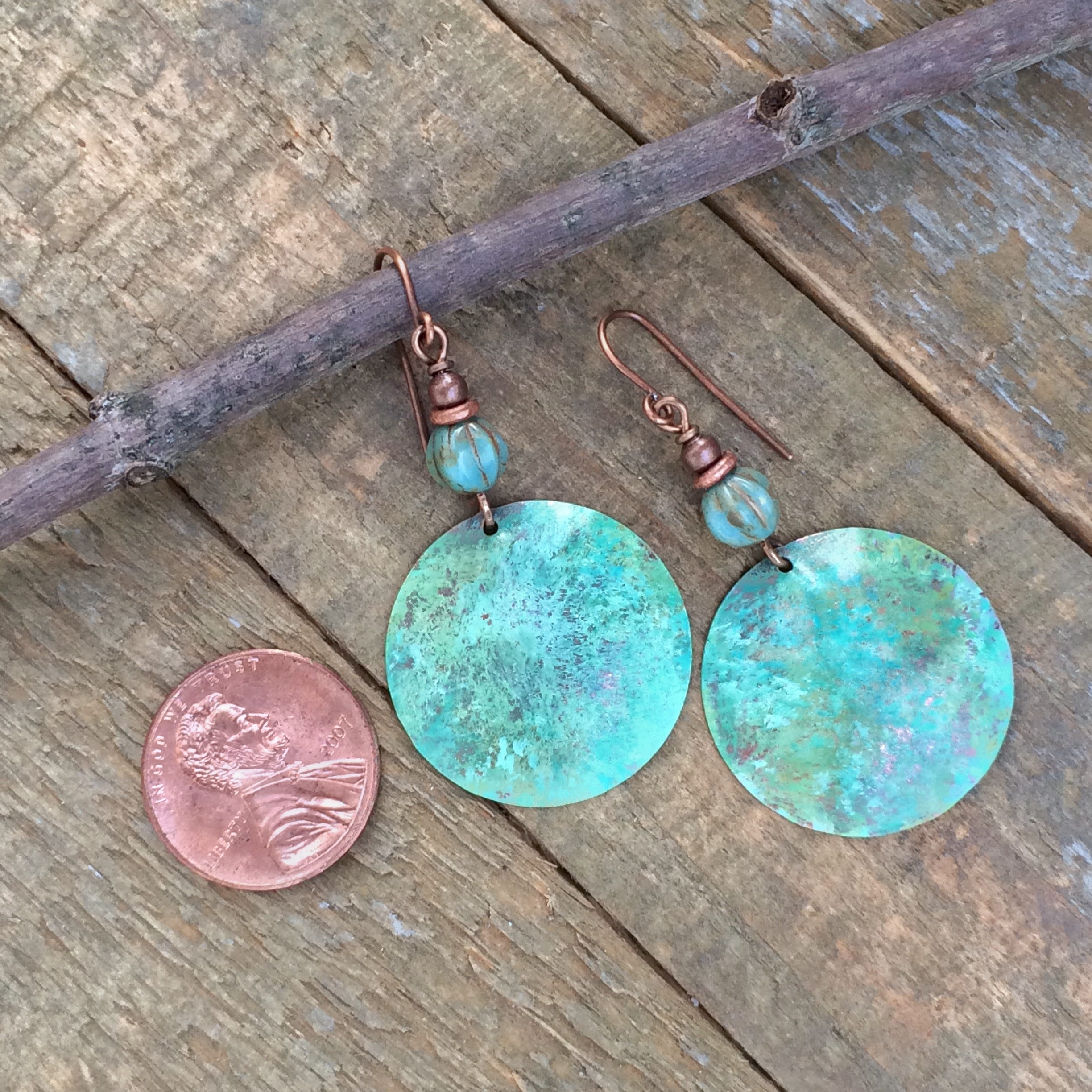 Patina Copper Earrings, Hammered Copper Earrings, Blue Green Patina ...