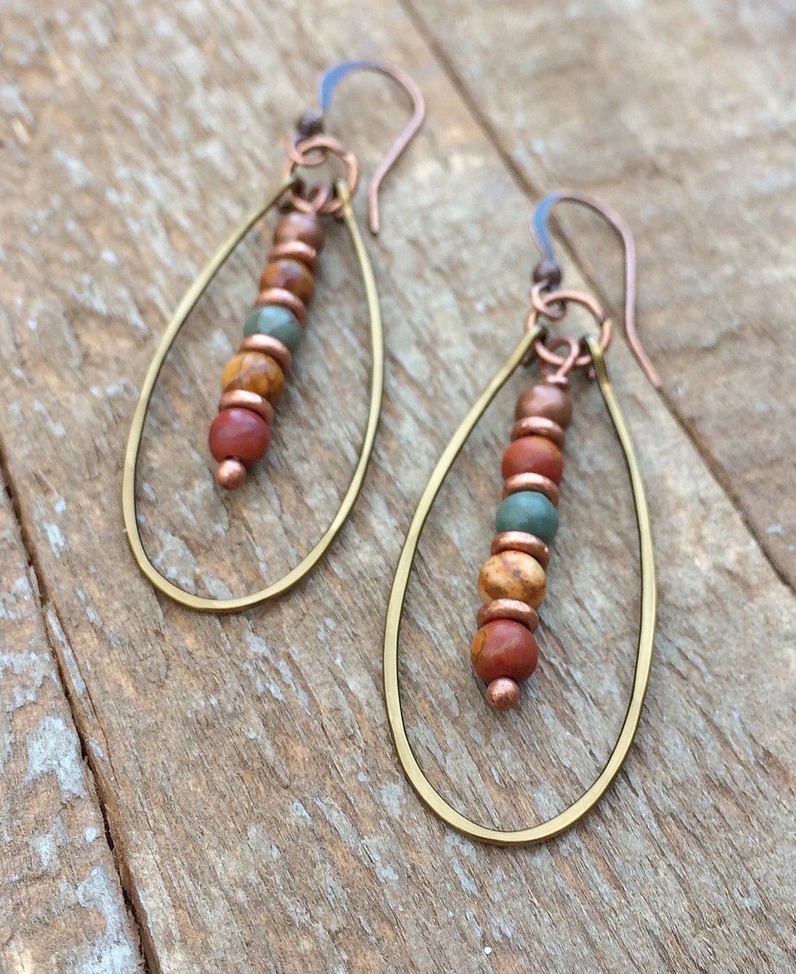 Boho Copper Hoop Earrings Red Creek Jasper Stone Earrings Etsy