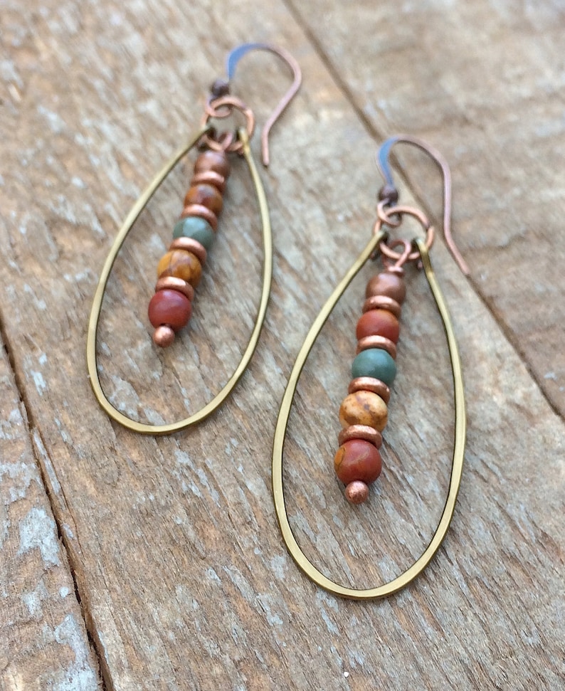 Boho Copper Hoop Earrings Red Creek Jasper Stone Earrings Etsy