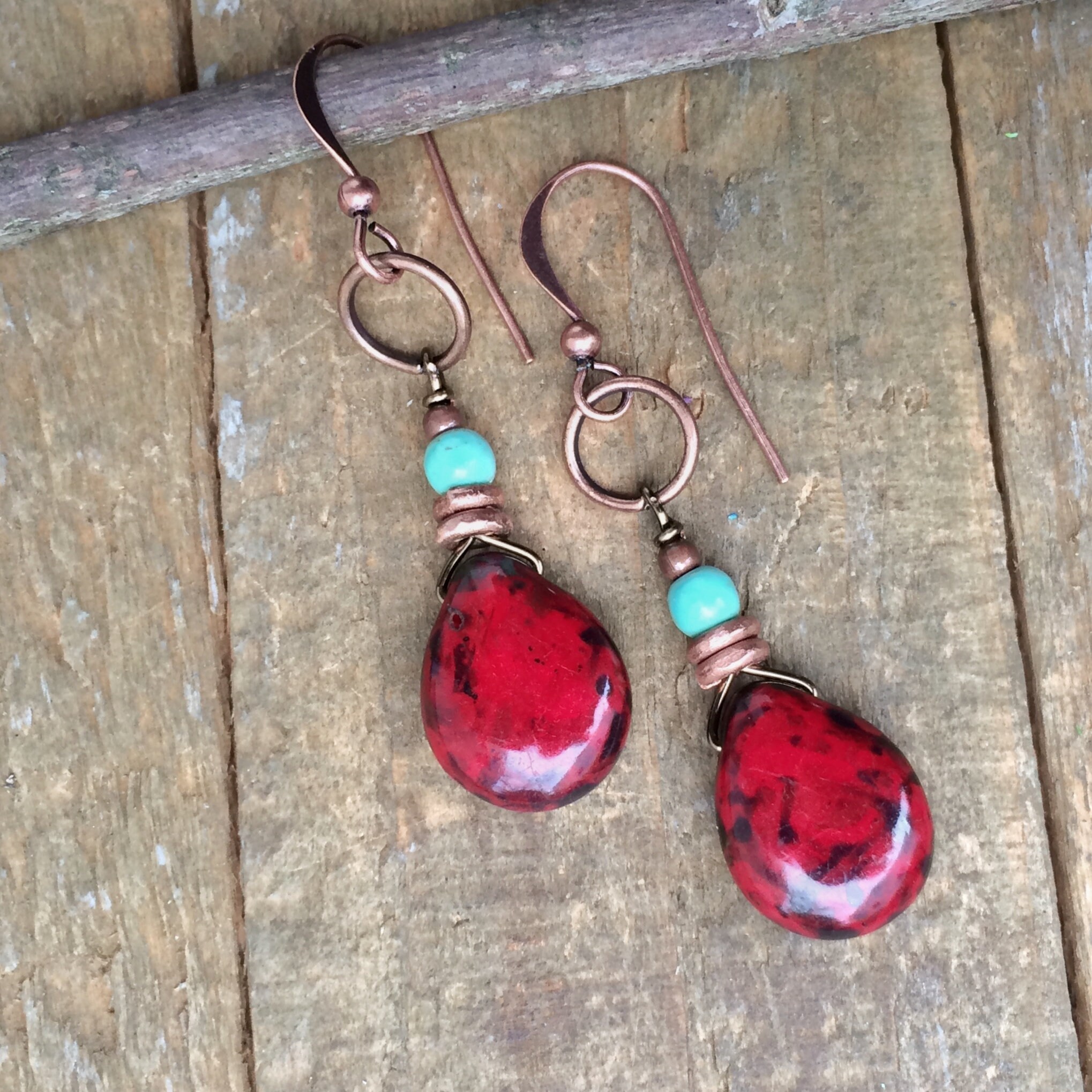 Red Dangle Earrings Red Teardrop Earrings Red Boho Jewelry | Etsy