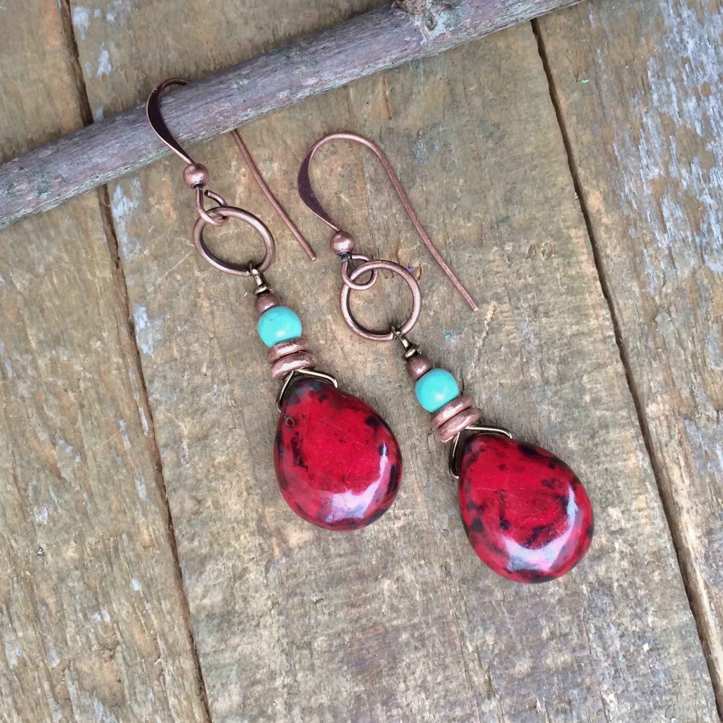 Red Dangle Earrings Red Teardrop Earrings Red Boho Jewelry | Etsy