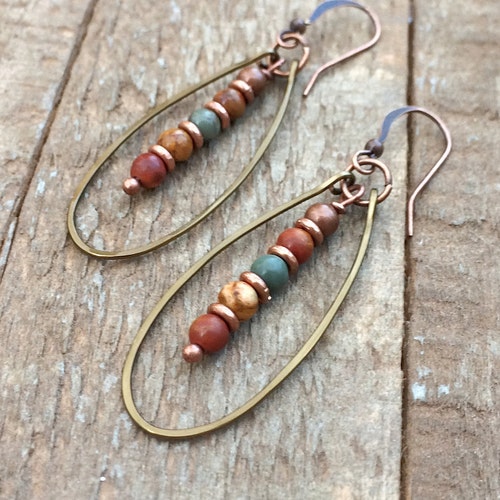 Boho Copper Hoop Earrings Red Creek Jasper Stone Earrings Etsy