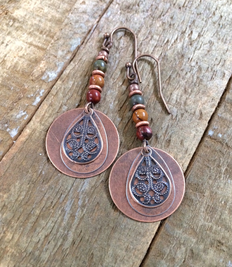 Boho Jasper Earrings Copper Dangle Earrings Red Creek Jasper Etsy