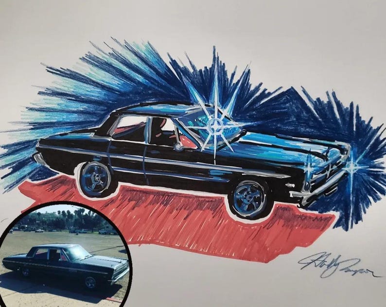 Custom Car Drawing From Photo, Mixed Media Drawing, Original Artwork ...