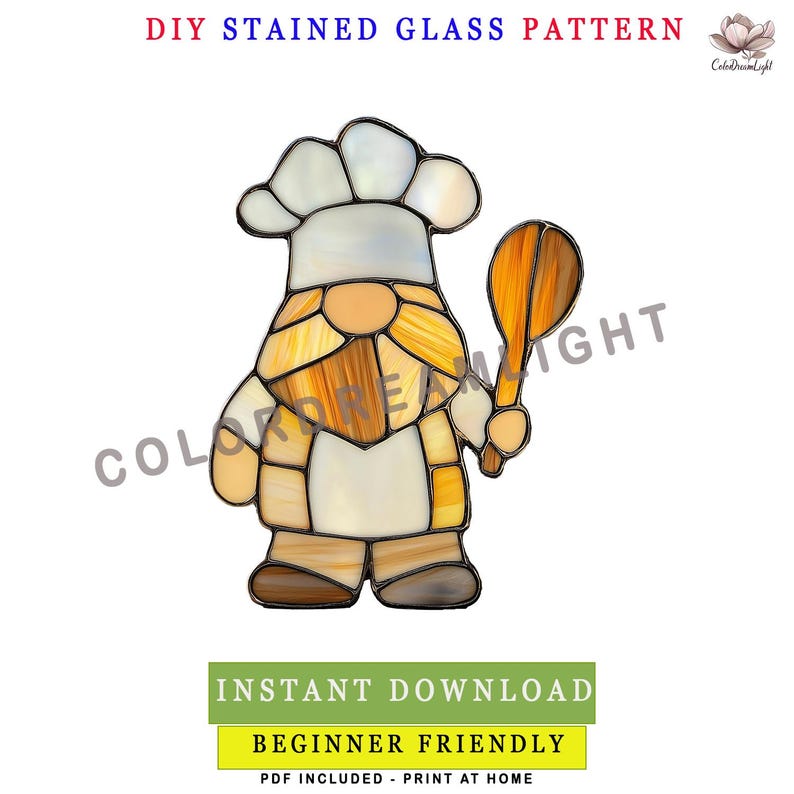 Chef Gnome Stained Glass Pattern, Cute Kitchen Suncatcher Template ...