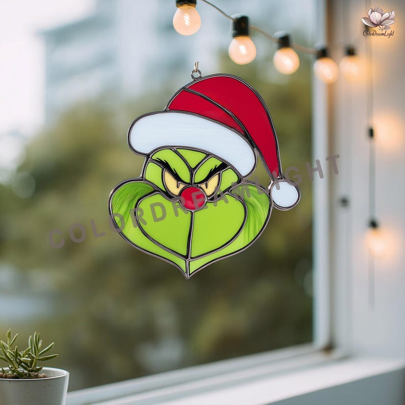 Grinch Stained Glass Pattern With Santa Hat, Christmas Suncatcher ...