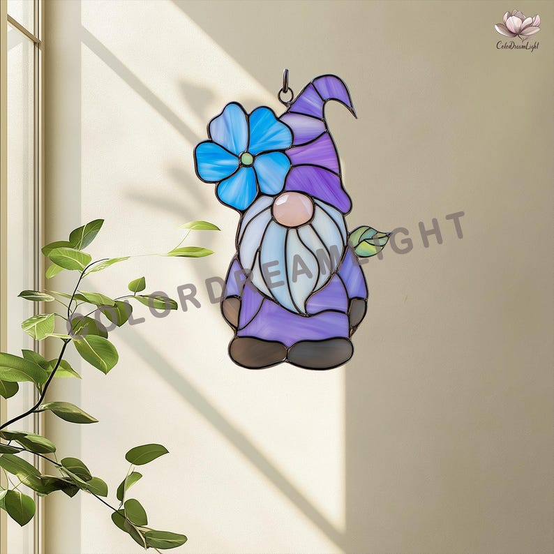 Blue Flower Gnome Stained Glass Pattern Garden Suncatcher Template Svg