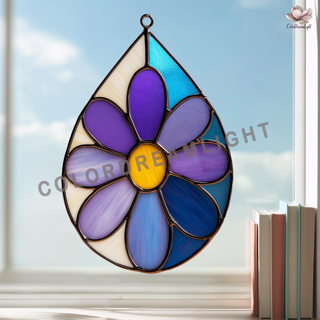 Blue Purple Flower Stained Glass Pattern, Teardrop Flower Window ...