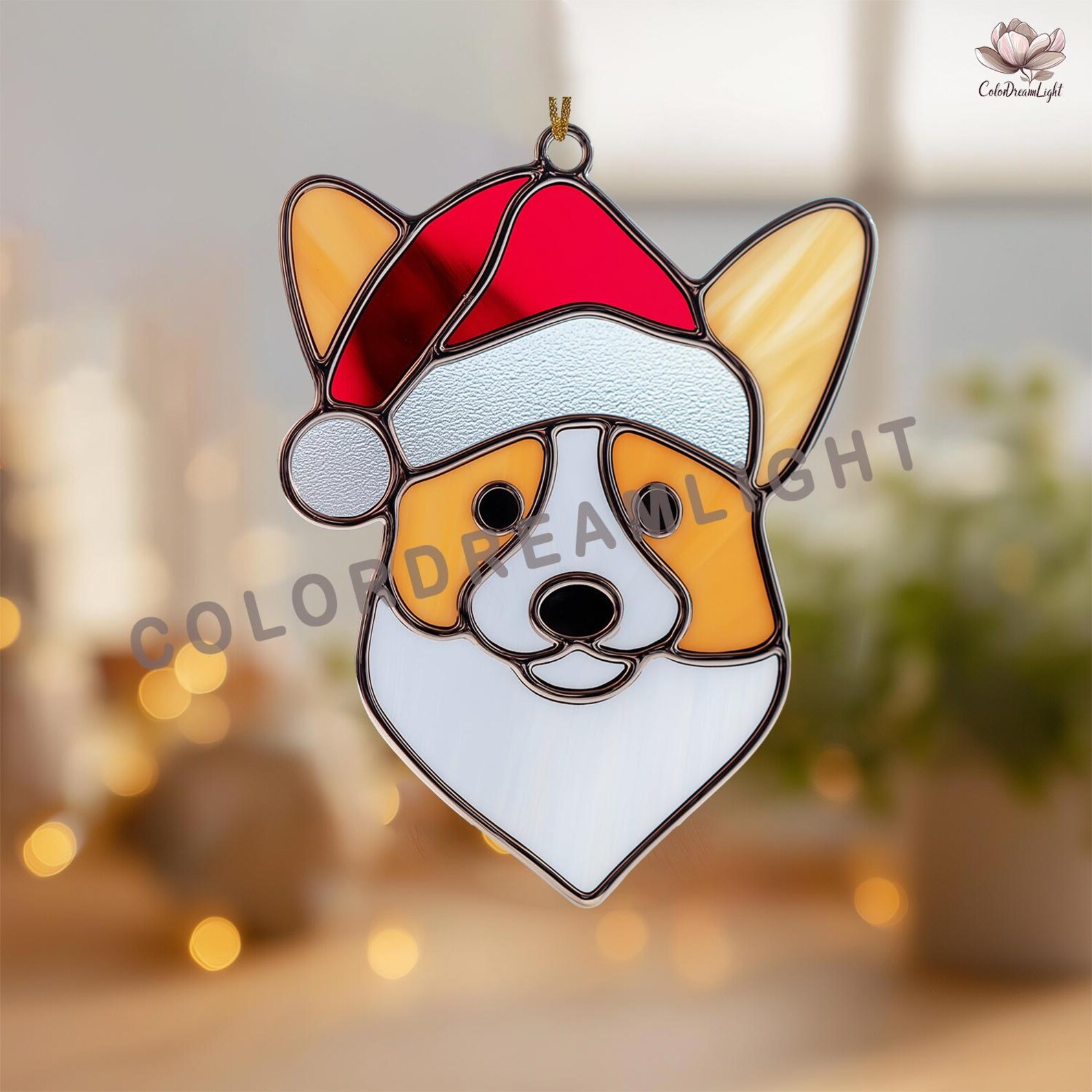 Christmas Corgi Stained Glass Pattern, Dog With Santa Hat Suncatcher ...
