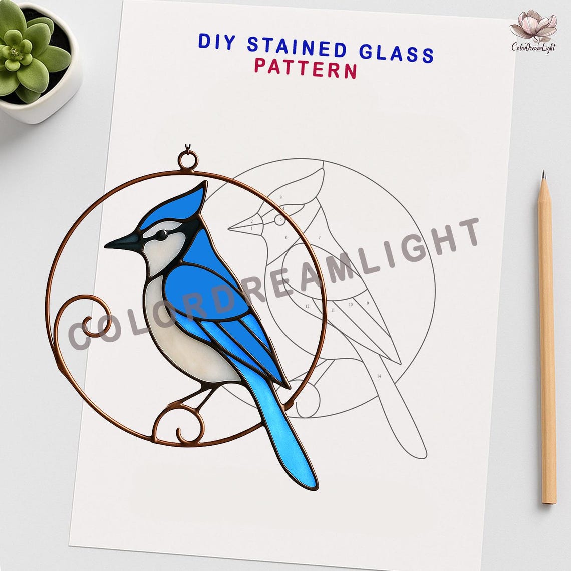 Blue Jay Stained Glass Pattern, Blue Bird Suncatcher Template, DIY ...