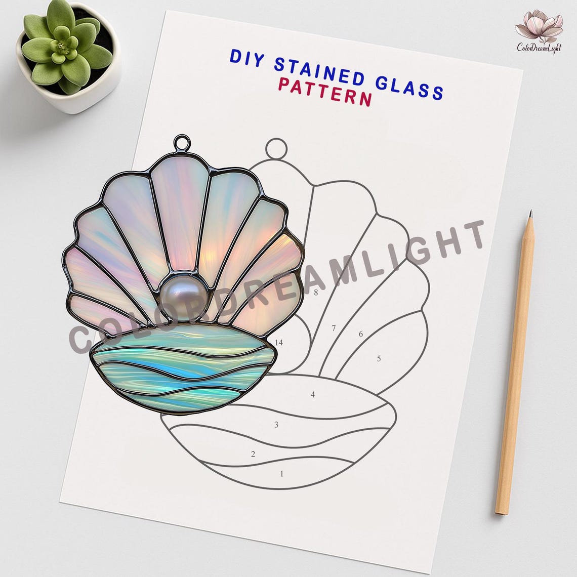 Seashell Stained Glass Pattern With Pearl, Ocean Suncatcher SVG PDF ...