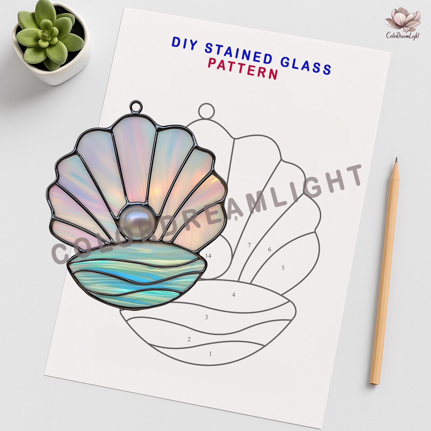 Seashell Stained Glass Pattern With Pearl, Ocean Suncatcher SVG PDF ...