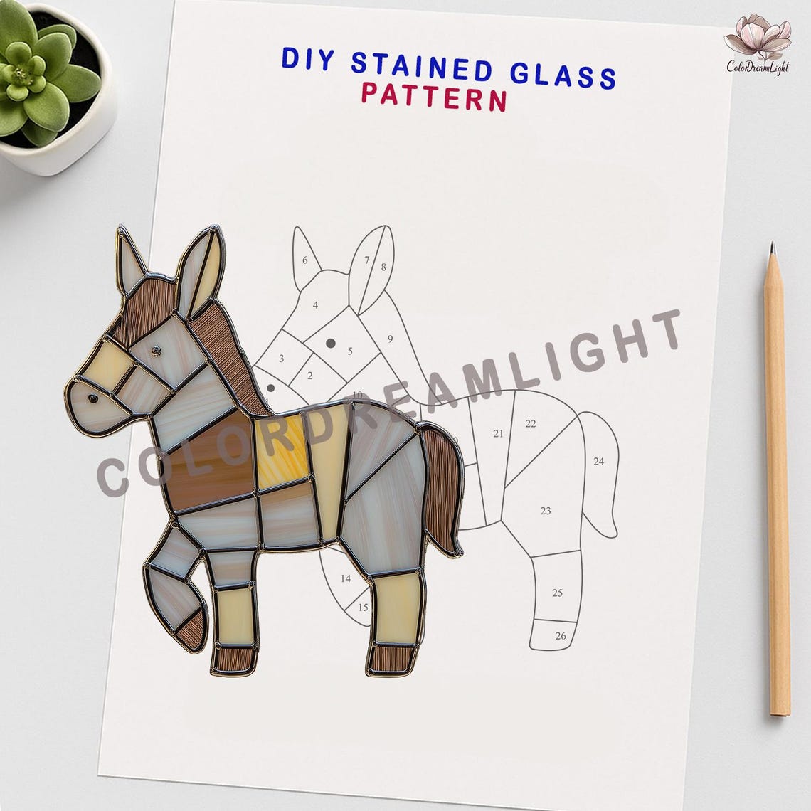 Donkey Stained Glass Pattern PDF | Cute Farm Animal Suncatcher Templat ...