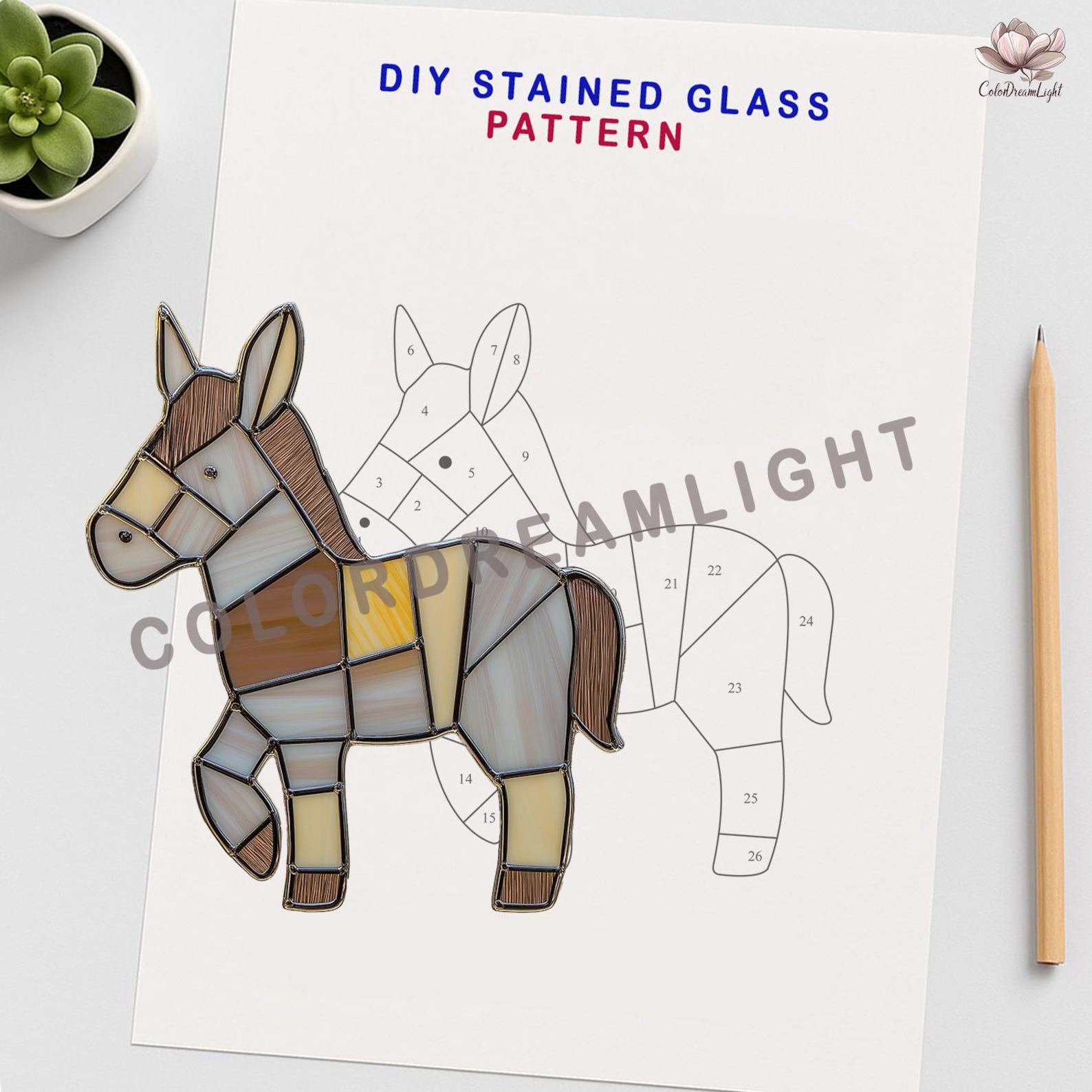 Donkey Stained Glass Pattern PDF | Cute Farm Animal Suncatcher Templat ...