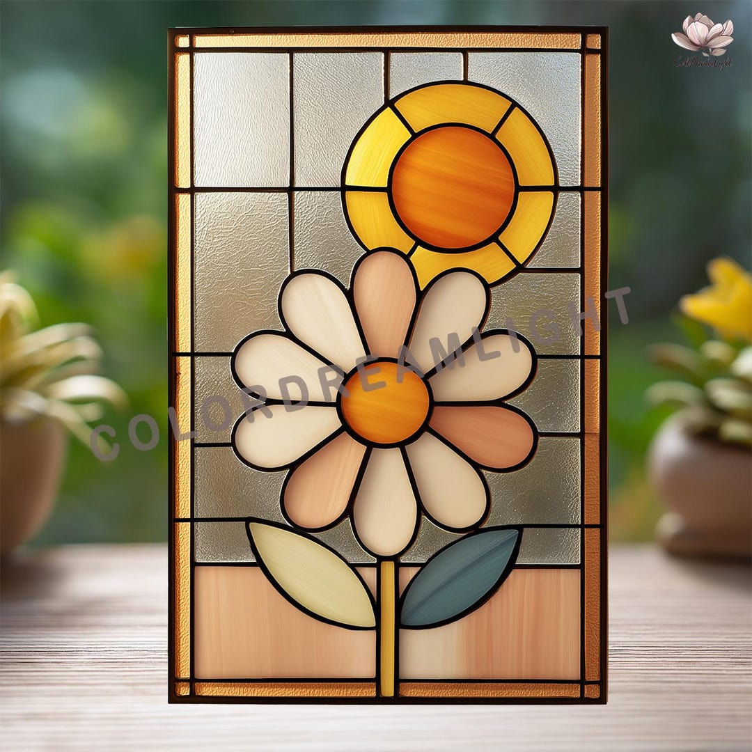Daisy Stained Glass Panel Pattern, Spring Floral Window Decor, Sunshine ...