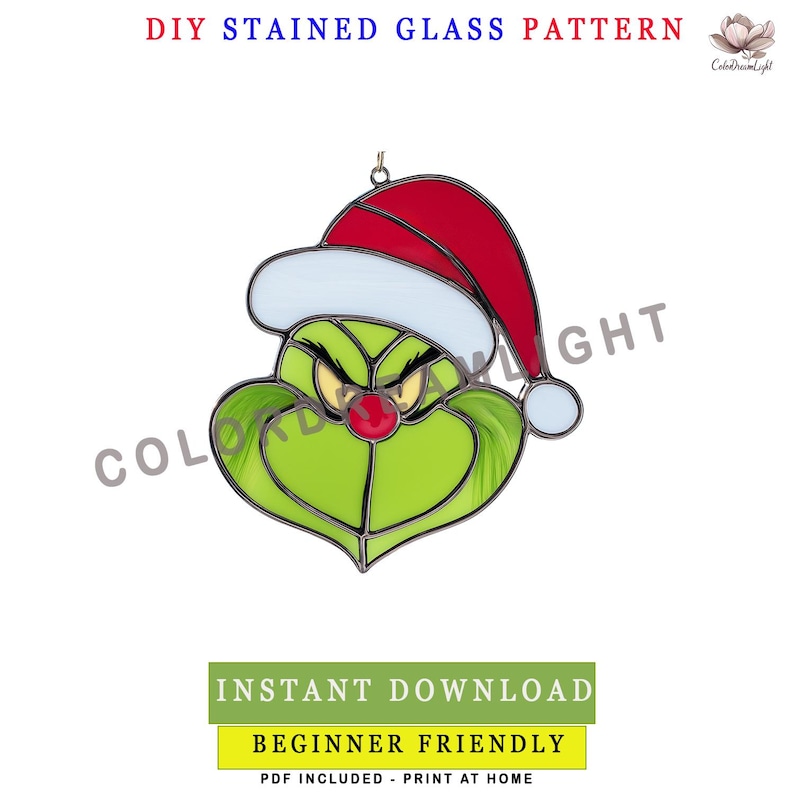 Grinch Stained Glass Pattern With Santa Hat, Christmas Suncatcher ...