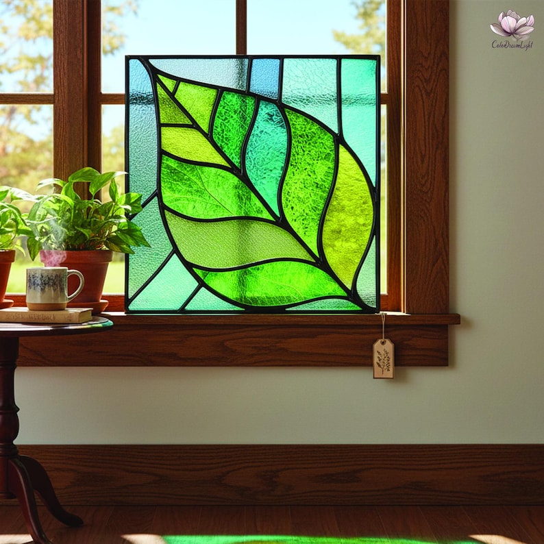 Leaf Stained Glass Pattern, Nature Botanical Glass Art, Modern ...