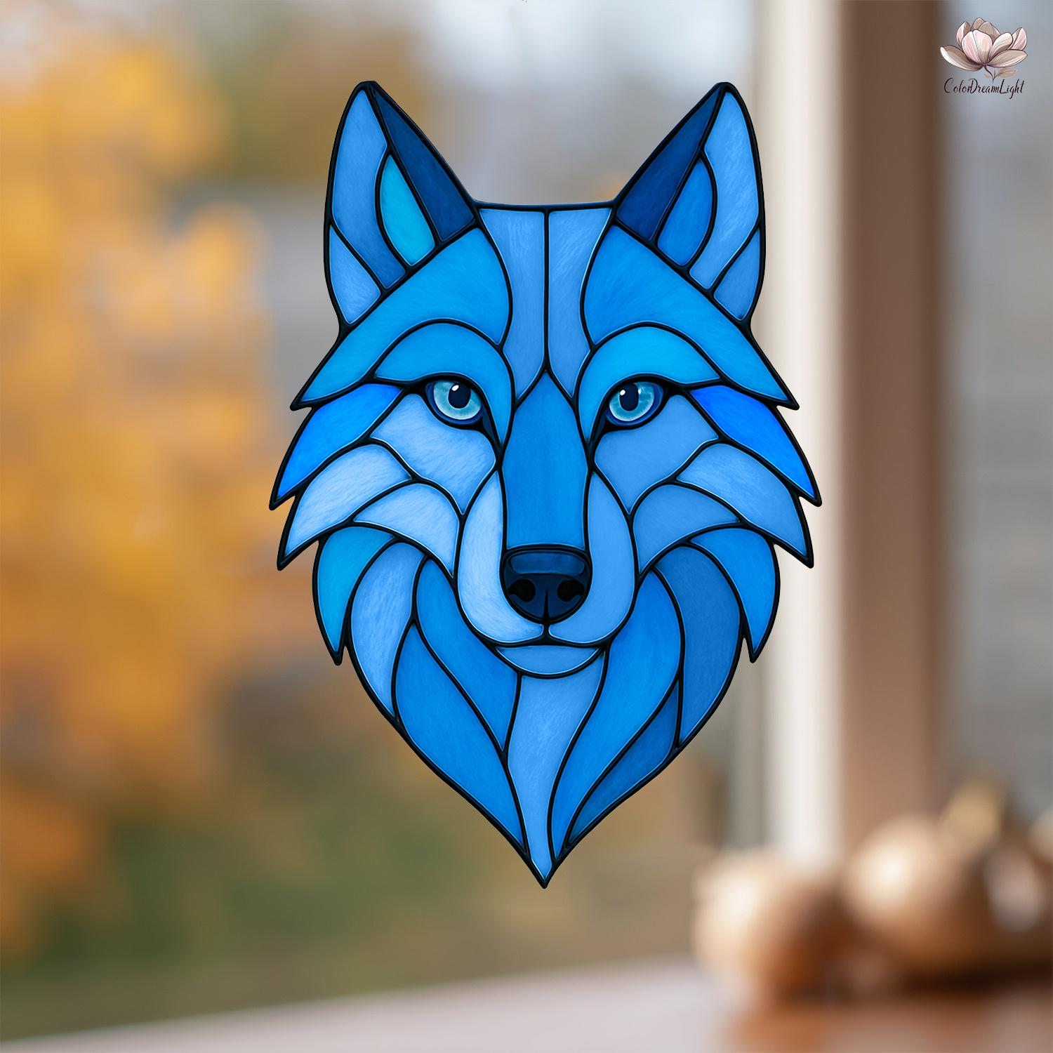 Blue Wolf Head Stained Glass Pattern – Geometric Animal Suncatcher ...
