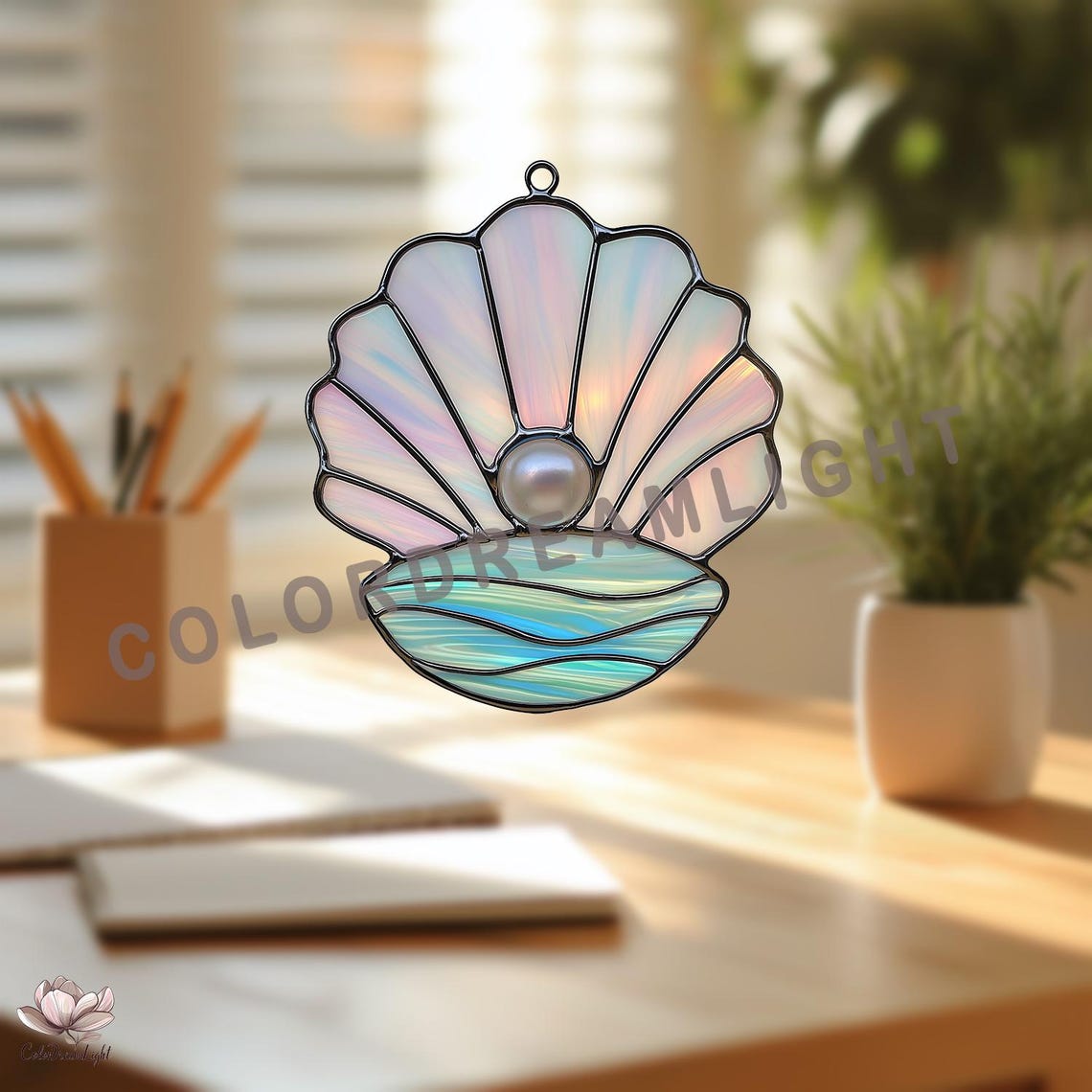 Seashell Stained Glass Pattern With Pearl, Ocean Suncatcher SVG PDF ...