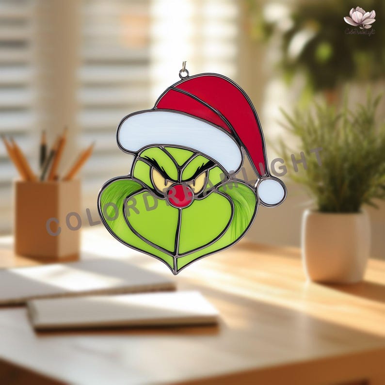Grinch Stained Glass Pattern With Santa Hat, Christmas Suncatcher ...