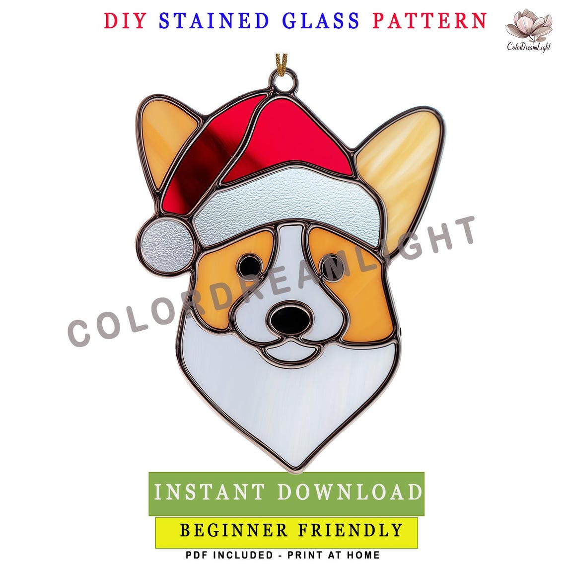 Christmas Corgi Stained Glass Pattern, Dog With Santa Hat Suncatcher ...