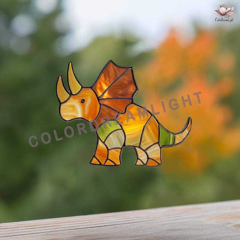 Triceratops Stained Glass Pattern, Dinosaur Suncatcher Template, Kids ...