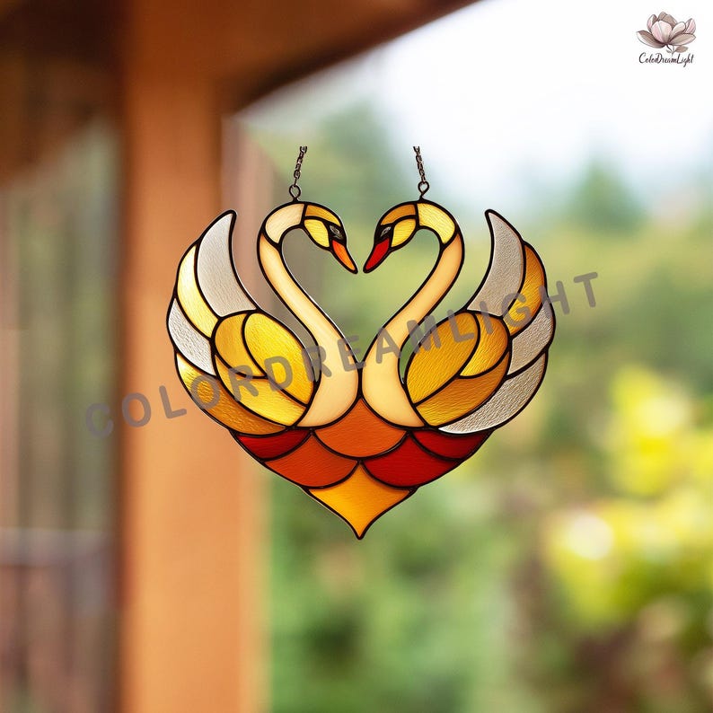 Swan Couple Stained Glass Pattern, Romantic Suncatcher Template, Heart ...