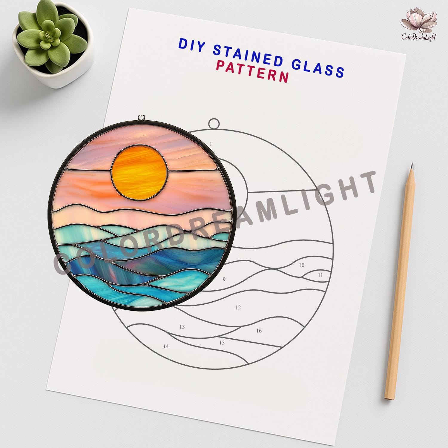 Sunset Ocean Stained Glass Pattern PDF | Round Suncatcher Sea Waves ...