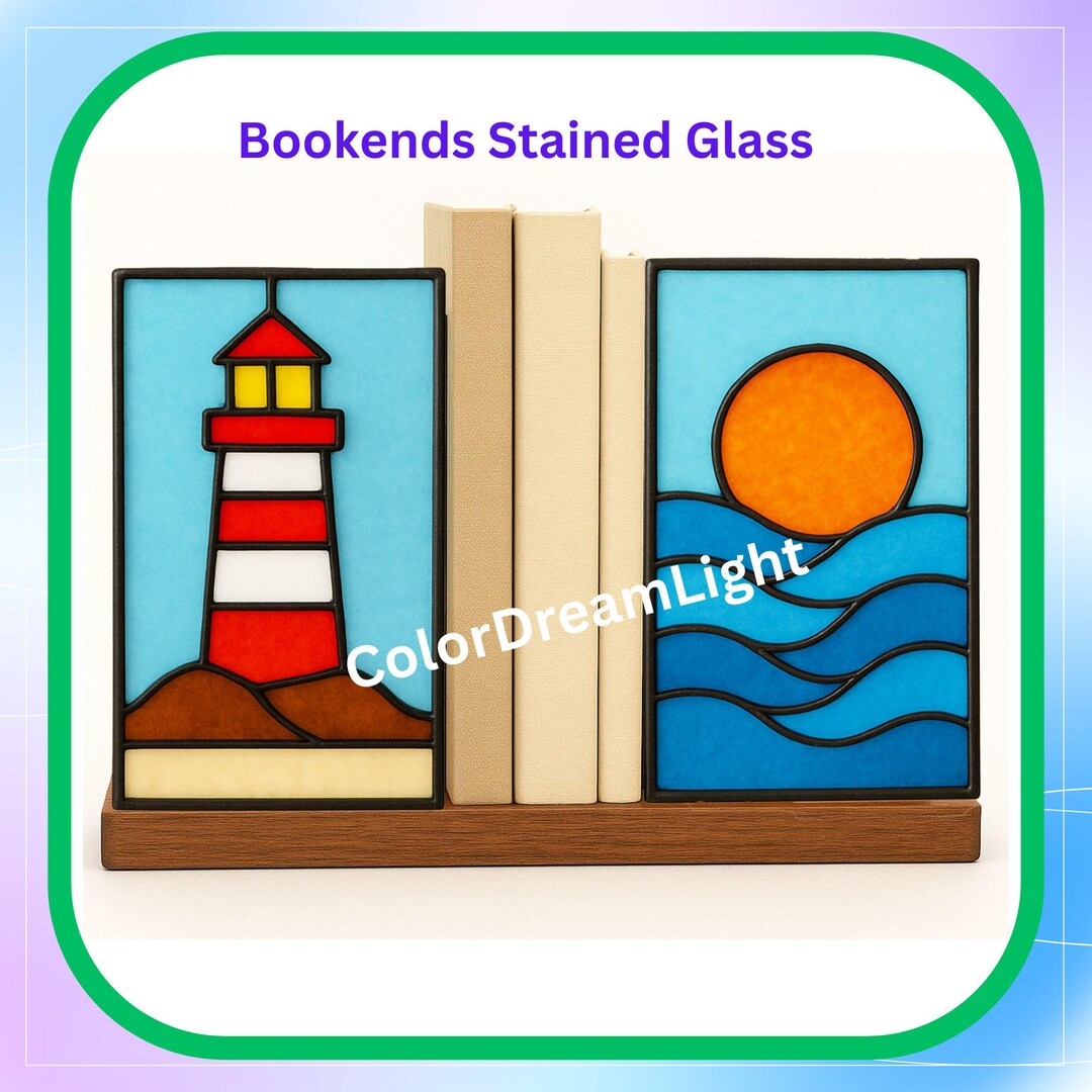 Lighthouse Stained Glass Bookend Pattern, Ocean Sunset Window Panel ...