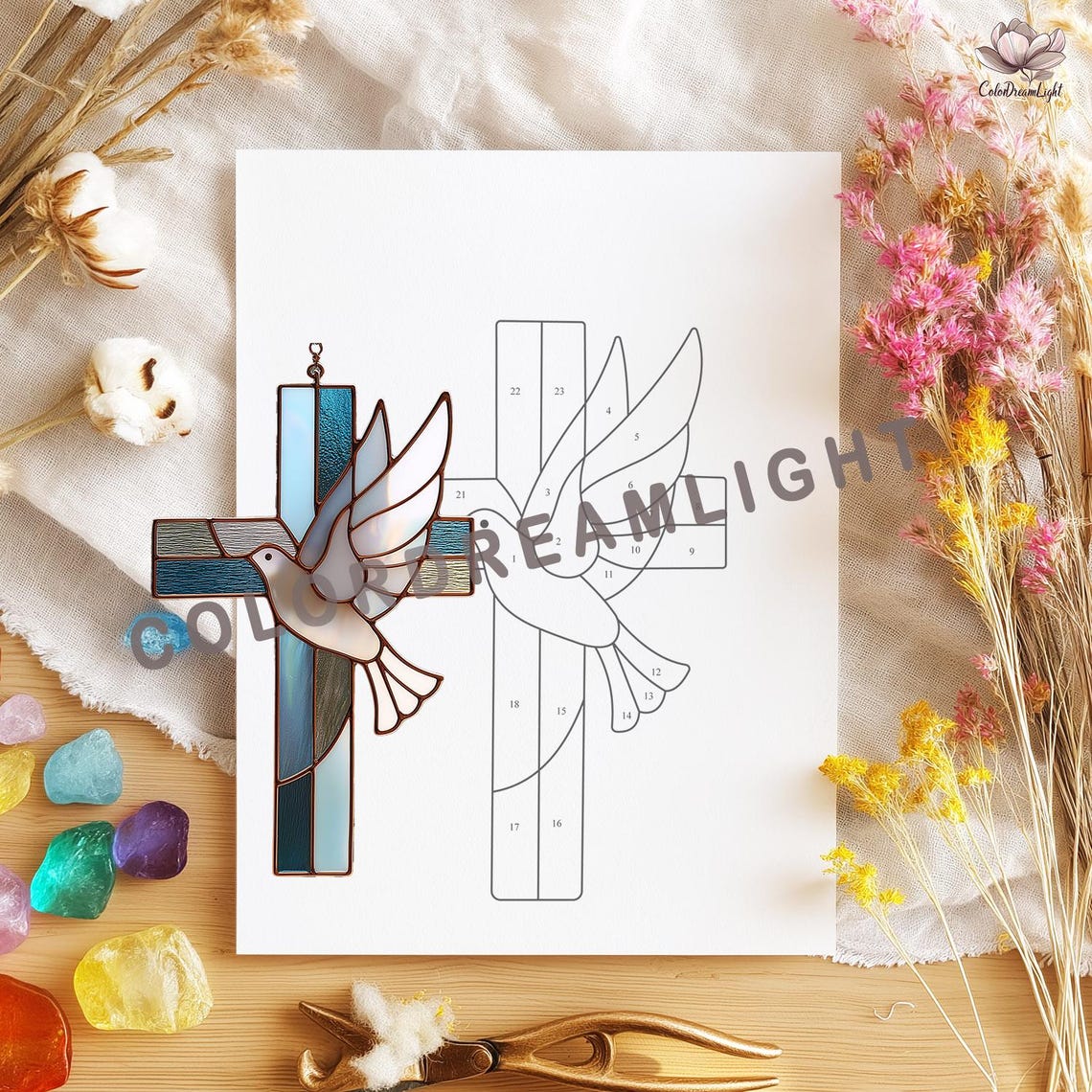 Dove & Cross Stained Glass Cross Pattern, Christian Suncatcher Template ...