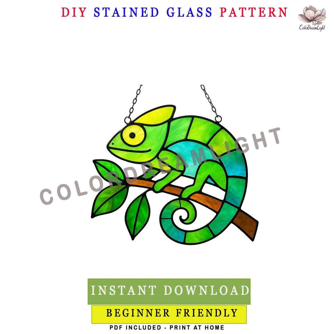 Chameleon Stained Glass Pattern, Diy Lizard Suncatcher Template, Gecko ...