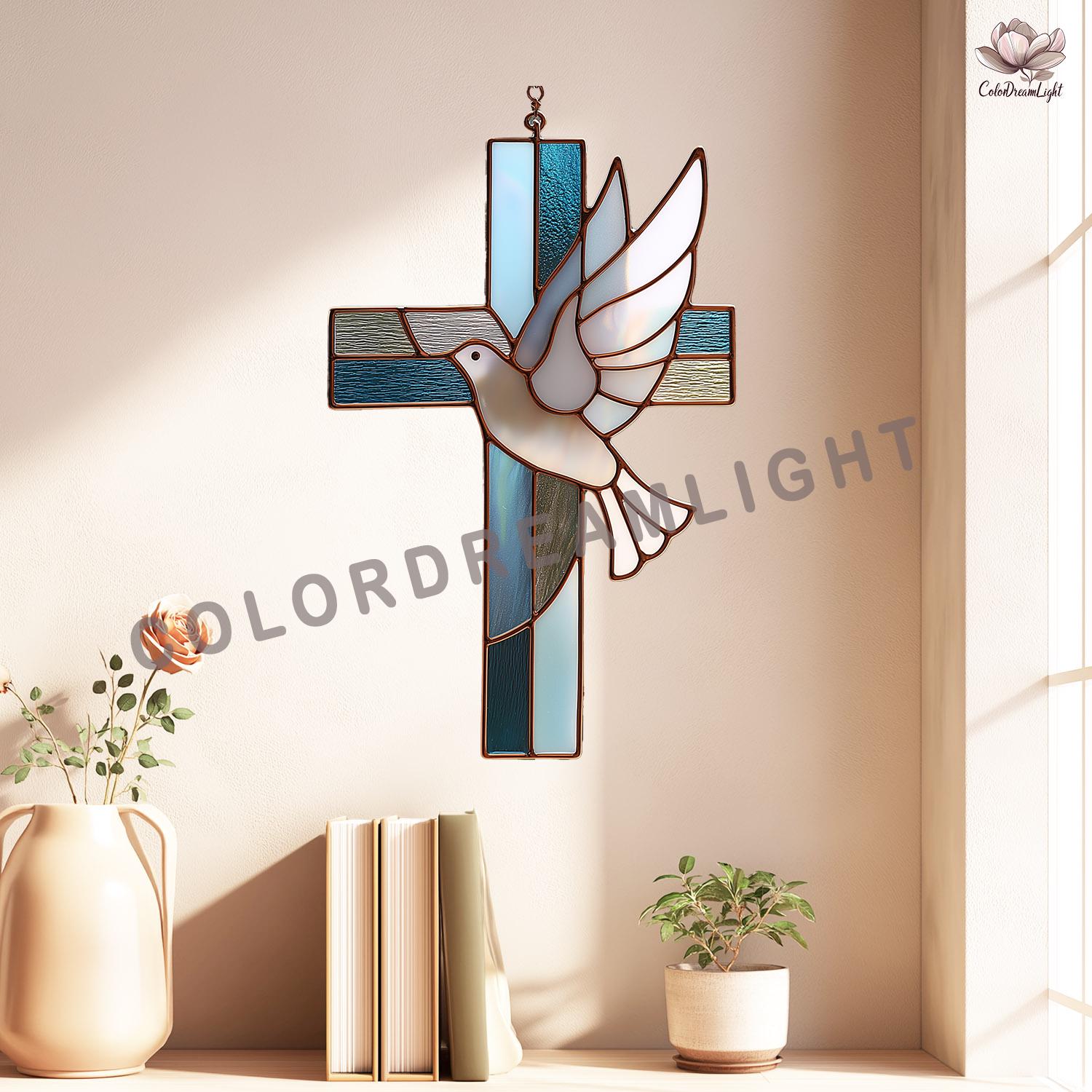 Dove & Cross Stained Glass Cross Pattern, Christian Suncatcher Template ...