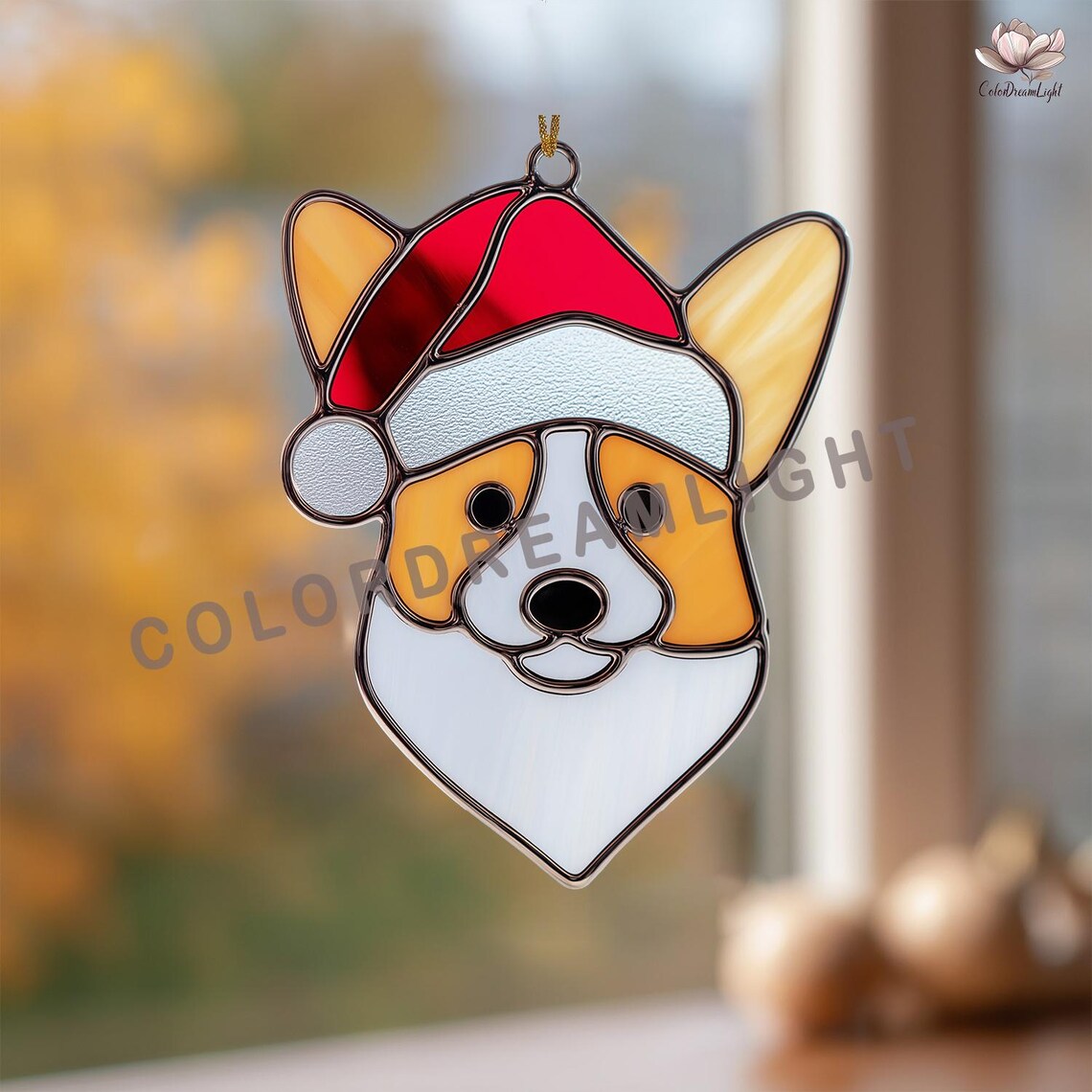 Christmas Corgi Stained Glass Pattern, Dog With Santa Hat Suncatcher ...